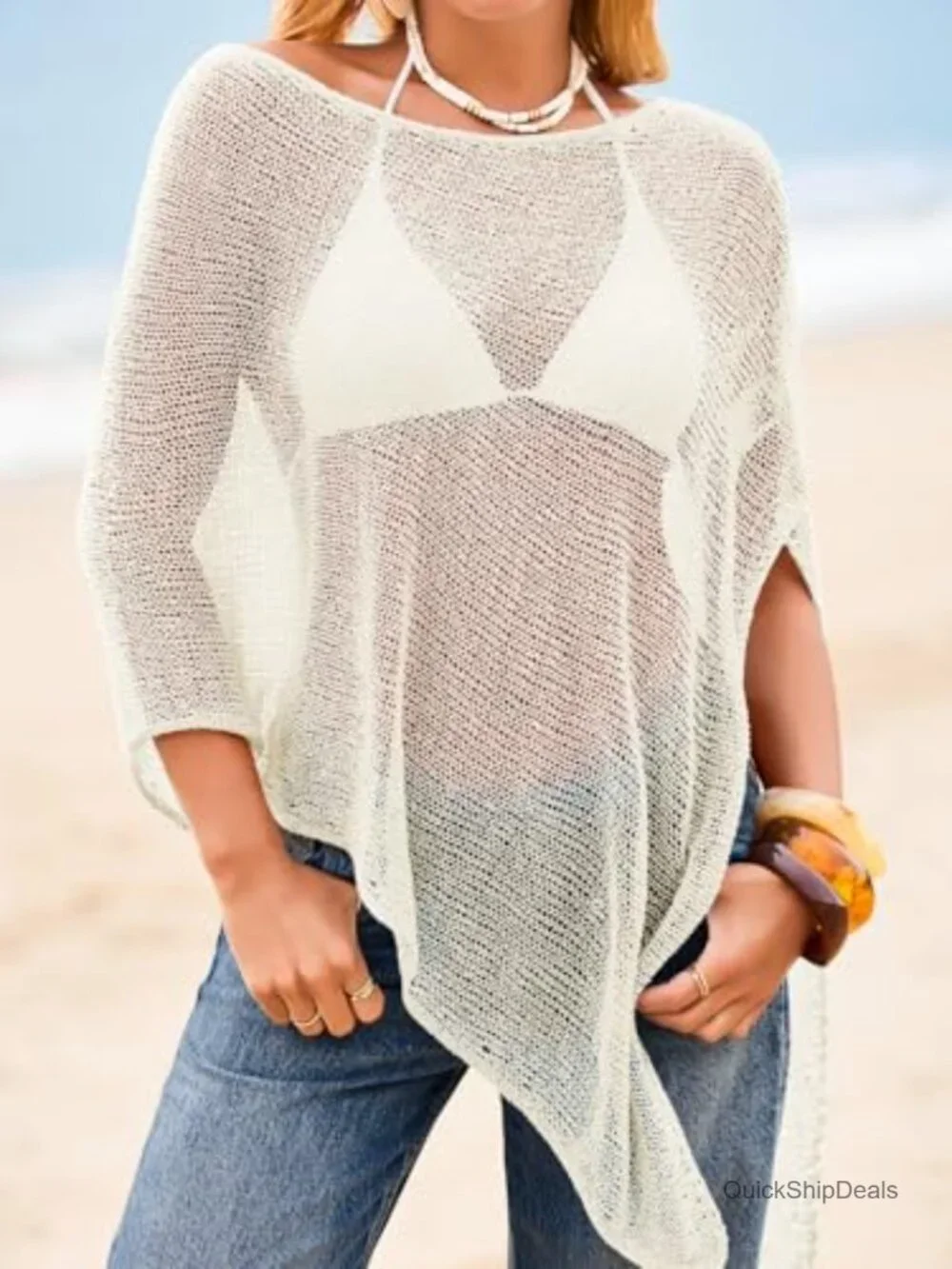 Swim | Sheer Crochet Knit Mesh Cover Up Batwing Sleeve Boho Poncho Top ...